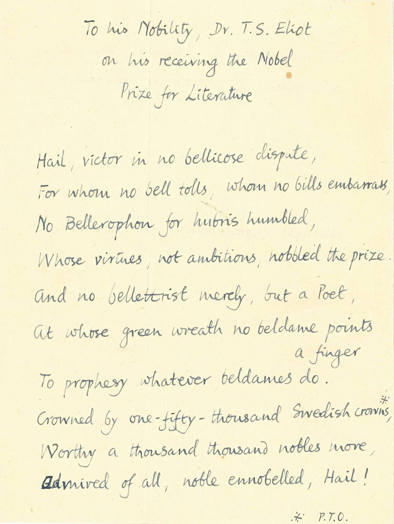 ‘Now the next thing shall be the Nobel Prize…’ | T. S. Eliot